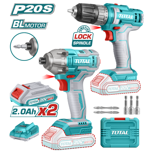 Lithium-Ion Cordless 2 Pc combo kit (Cordless drill and Impact driver) carry case - TOTAL Tools ...